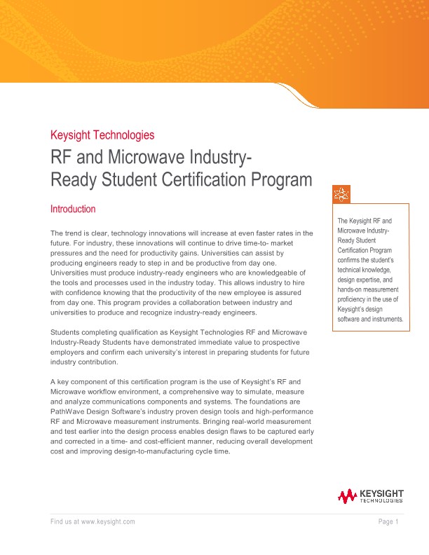 RF and Microwave Industry-Ready Student Certification Program PDF Asset Page | Keysight